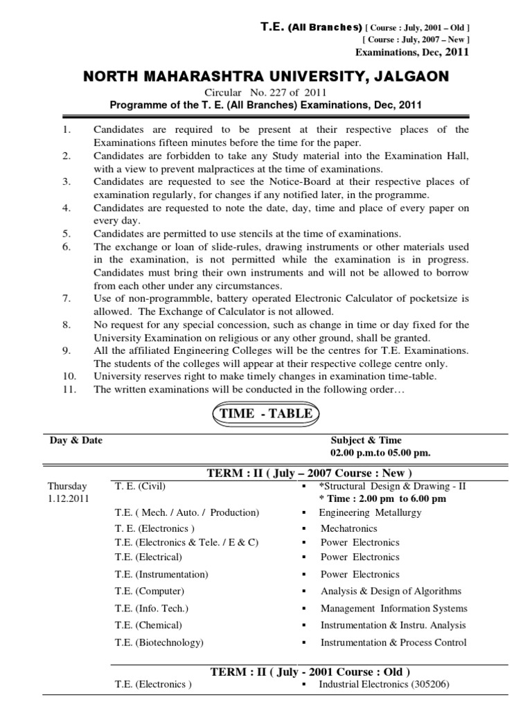 Te Exam Time-Table December-2011 | PDF | Instrumentation | Engineering