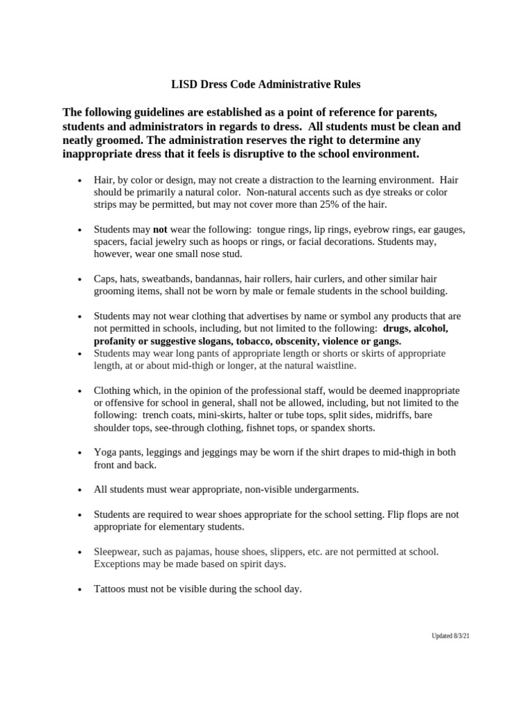 LISD Dress Code Administrative Rules | PDF