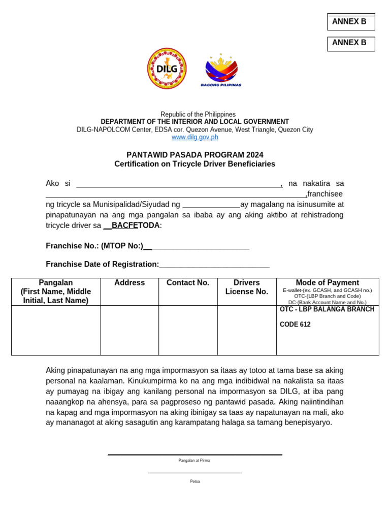ANNEX B- Certification on Tricycle Driver Beneficiaries | PDF