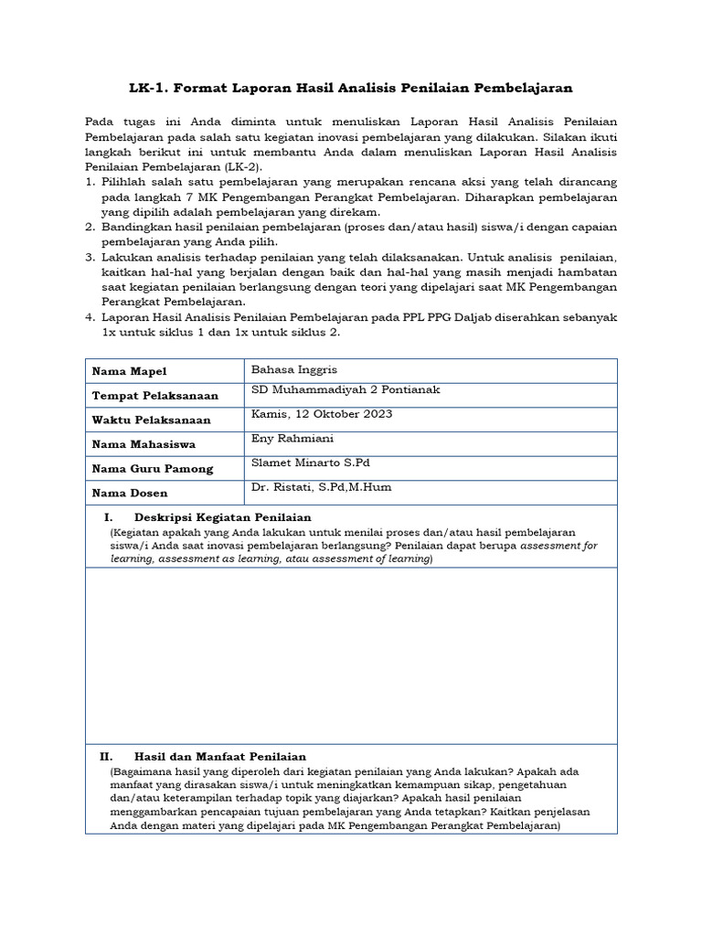LK Hasil Assesment PPL Siklus 1 | PDF