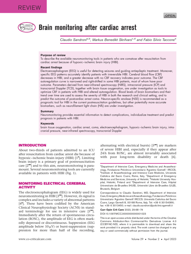 Brain Monitoring After Cardiac Arrest | PDF