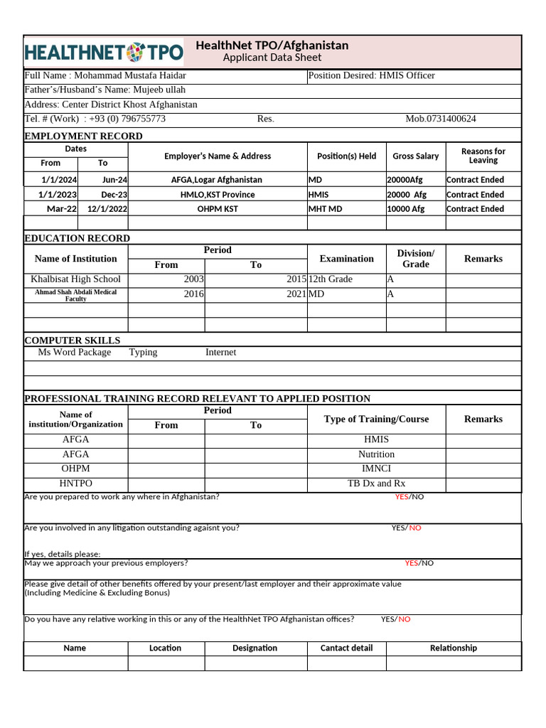 Mohammad Mustafa Healthnet Form | PDF
