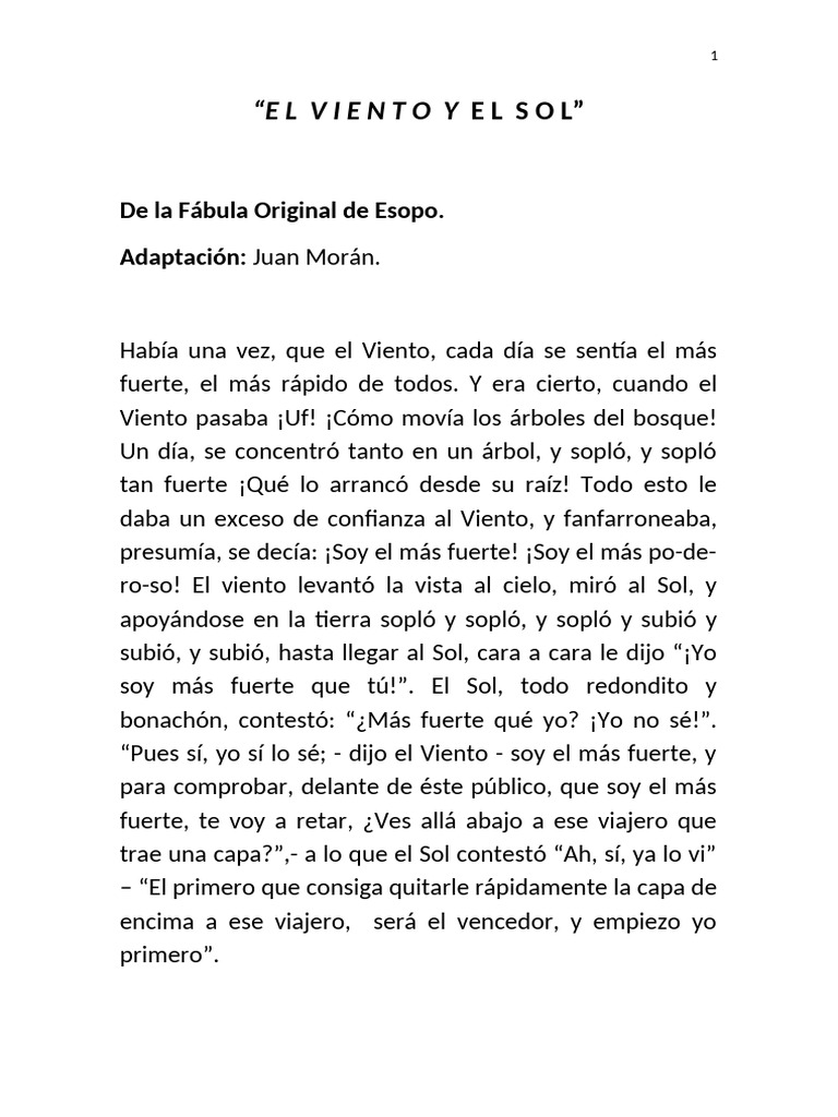 "El Viento Y: de La Fábula Original de Esopo. Adaptación | PDF
