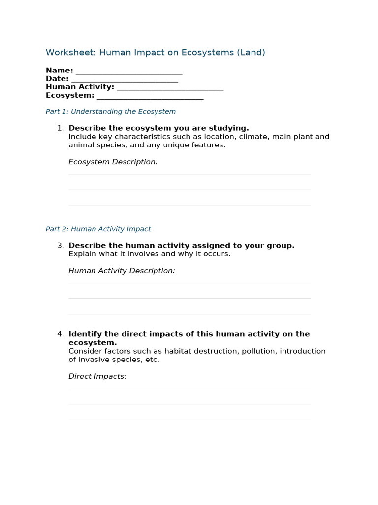 Human Impact on Land Ecosystems Worksheet | PDF | Finance & Money ...