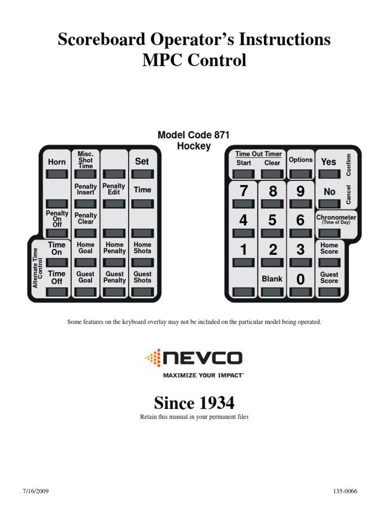 Scoreboard Operator's Instructions MPC Control: Model Code 871 Hockey | PDF
