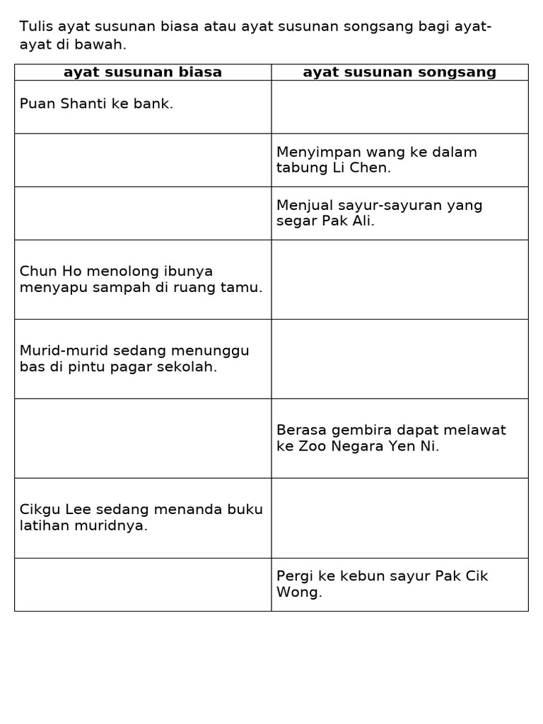 Ayat Susunan Biasa Dan Ayat Susunan Songsang - Latihan 1 | PDF