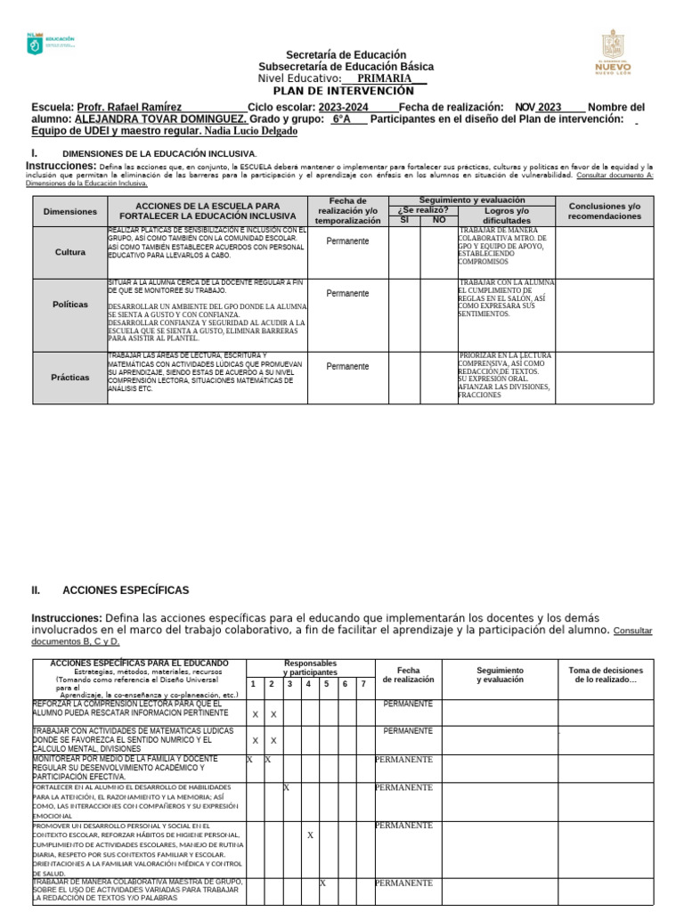 Documento 4. Informe Del Plan de Intervención. ALEJANDRA 23 | PDF