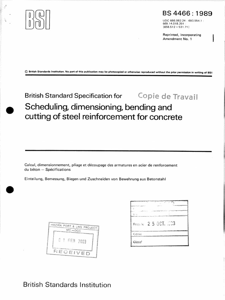 BS 4466 - 1989 Scheduling, Bending, Cutting of Reinforcement | PDF