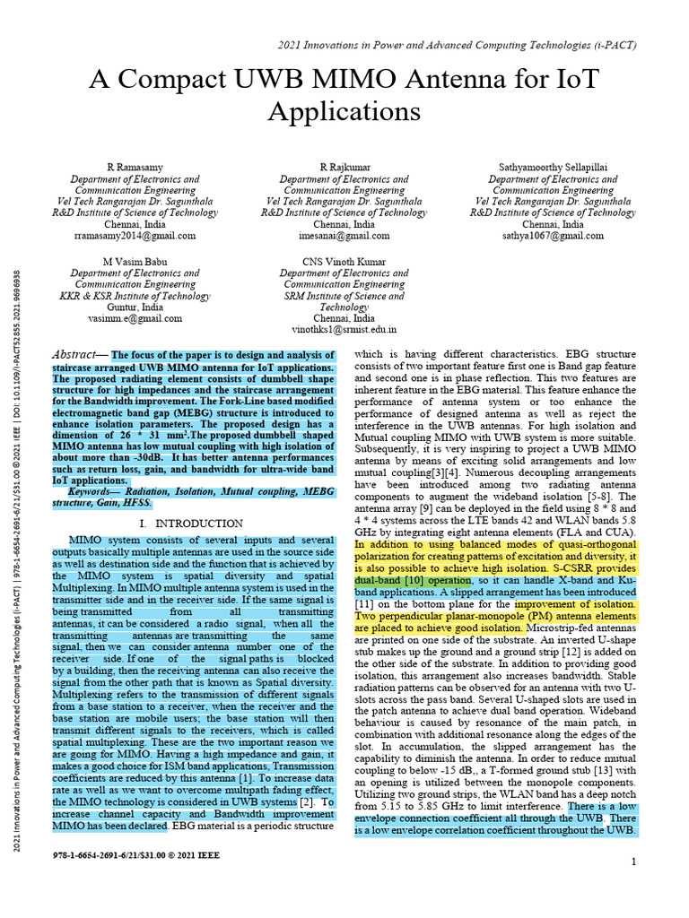 A Compact UWB MIMO Antenna For IoT Applications | PDF | Antenna (Radio ...