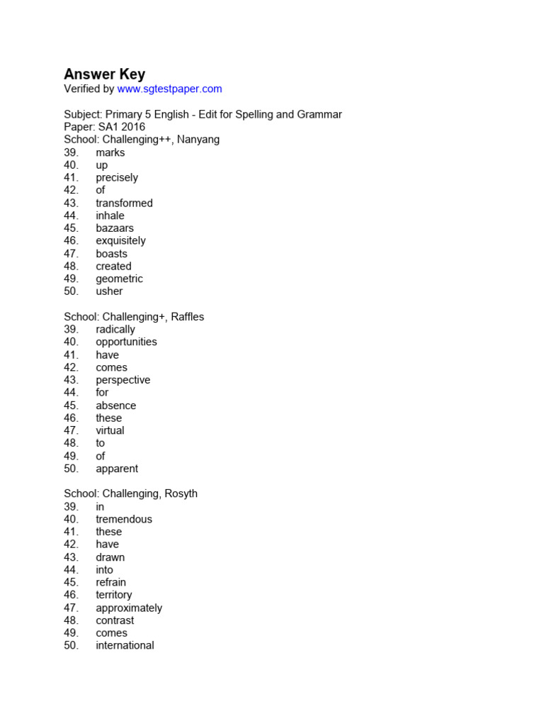 P5 Edit Spelling Grammar Worksheet SA1 2016 Ans | PDF