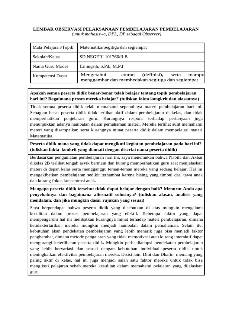 Topik 3 Lembar Observasi Pelaksanaan Pembelajaran (PPL 2) | PDF