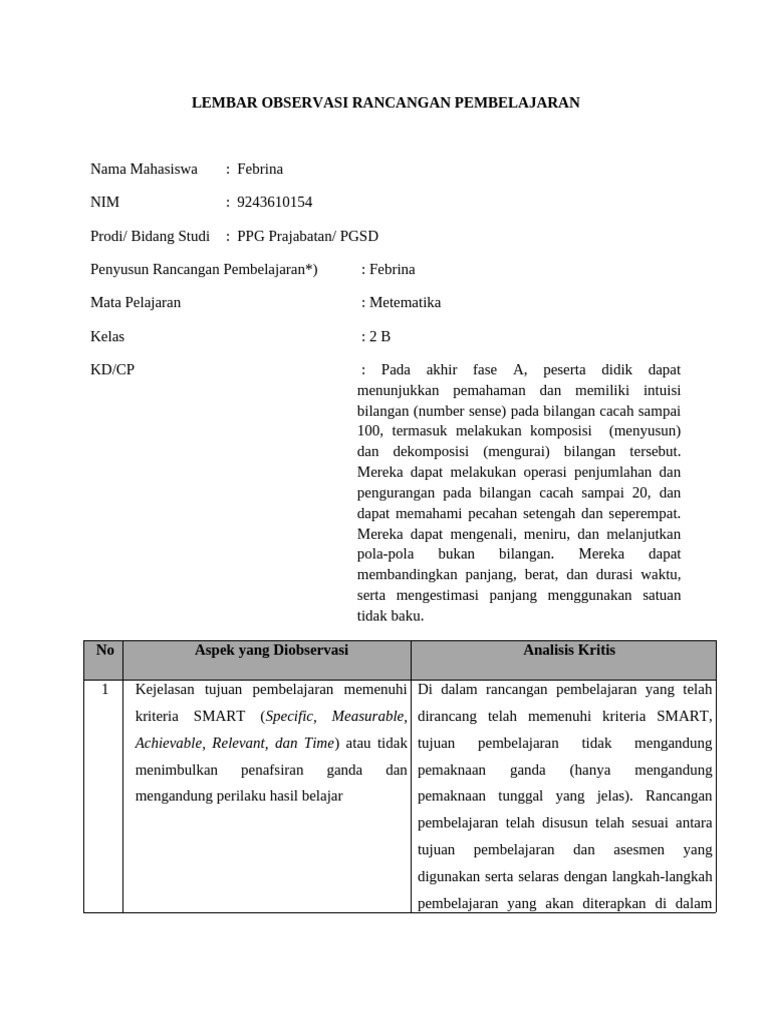 Lembar Observasi Rancangan Pembelajaran T3-1 | PDF | Karier & Perkembangan