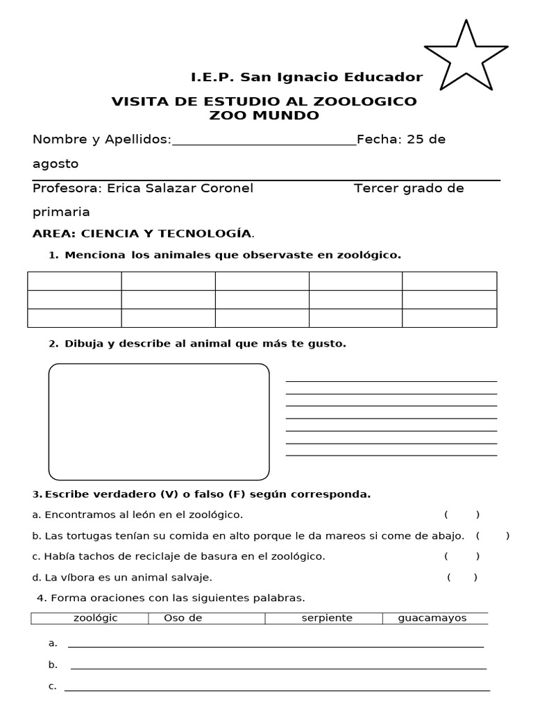 Ficha Visita Al Zoologico | PDF
