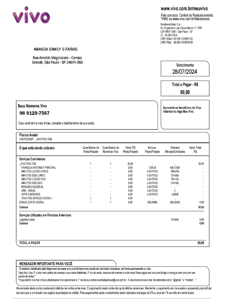 Conta Vivo Controle 767 | PDF