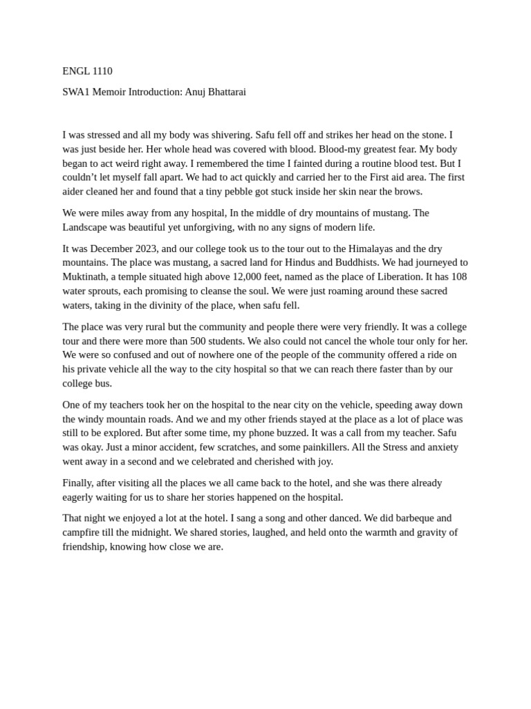 SWA1 Memoir Introduction Anuj Bhattarai | PDF