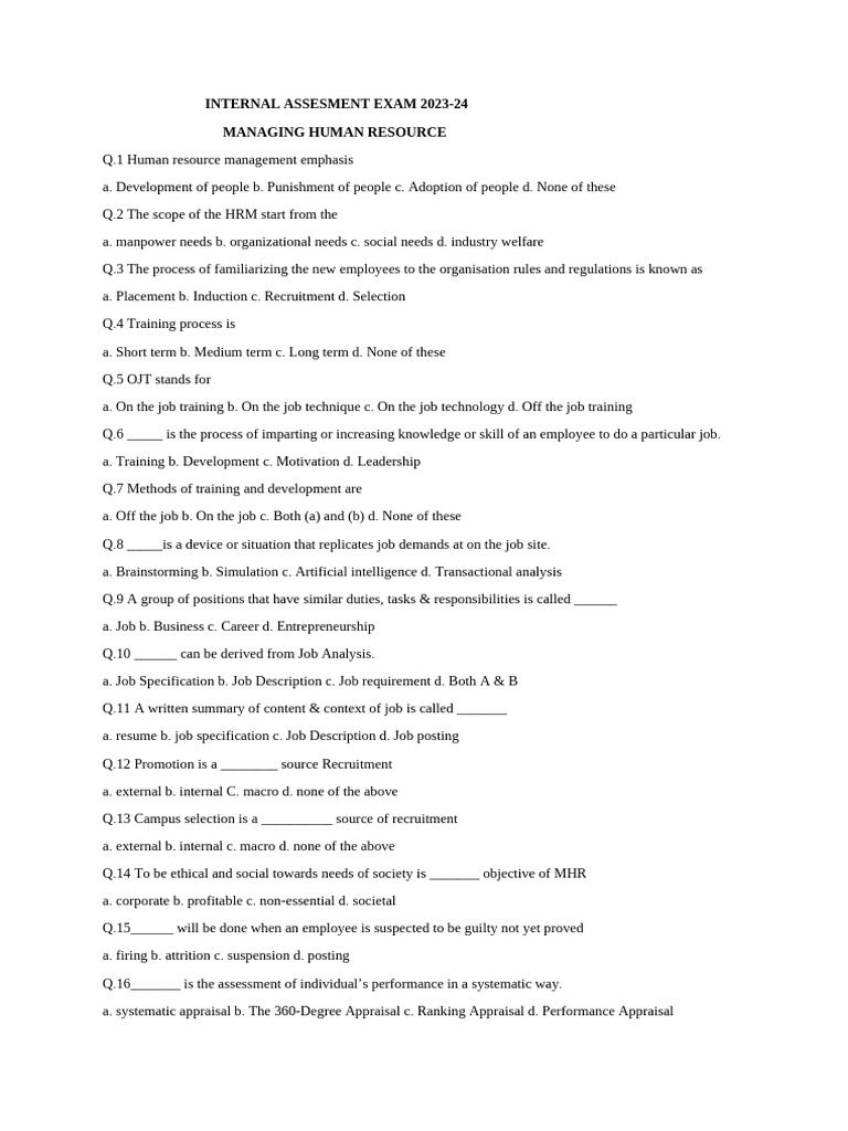 Internal Assesment Exam 2023-24 Managing Human Resource | PDF