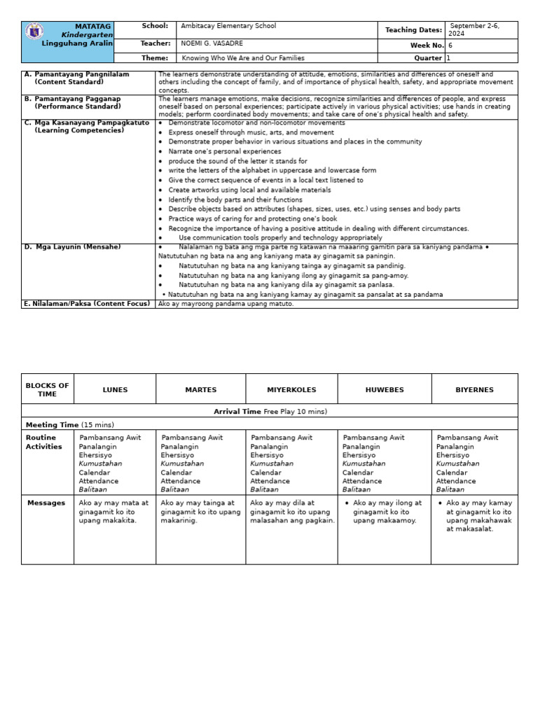 Kindergarten Matatag DLL Q1 W6 | PDF | Cognitive Science | Language ...