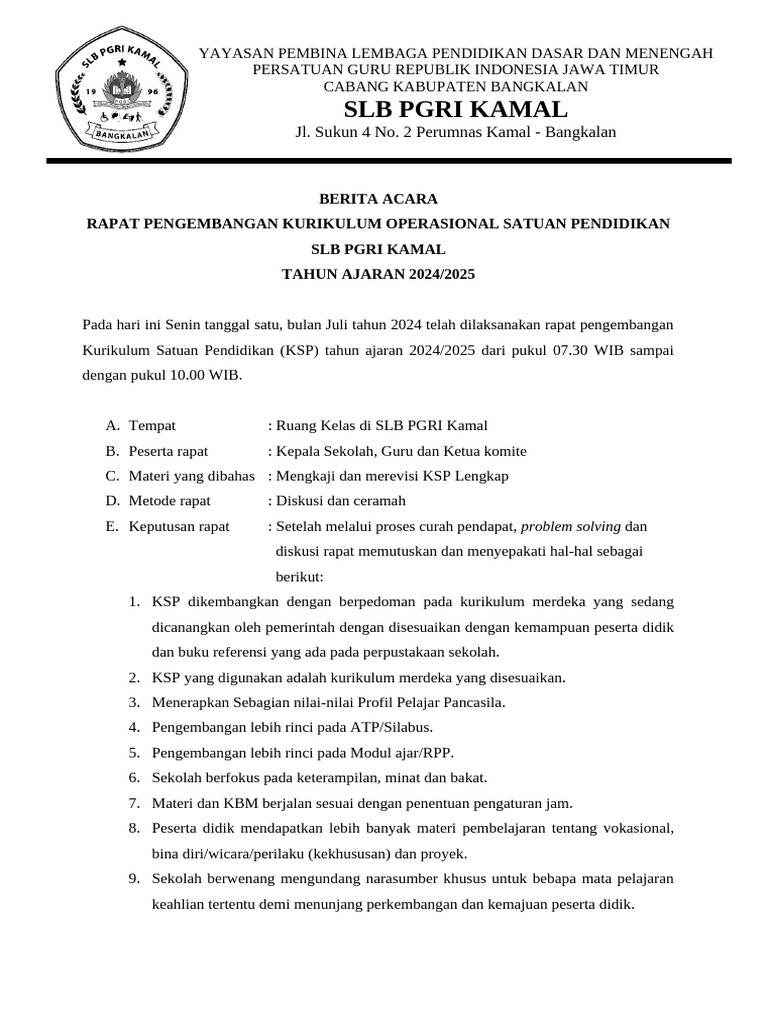 Berita Acara Rapat Tim Pengembang Kosp 2024-2025 | PDF