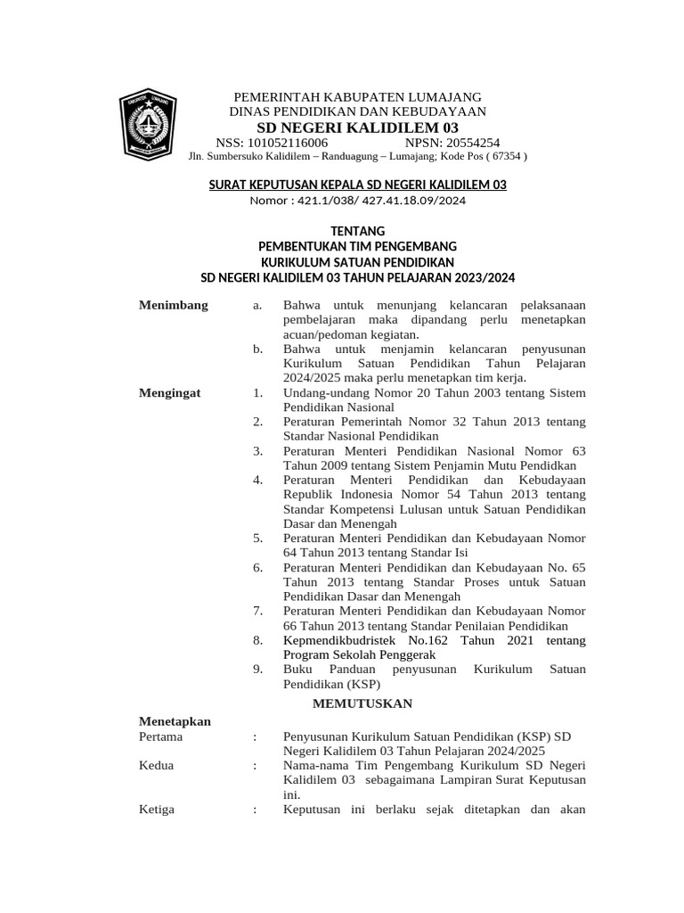 FIX LAMPIRAN 5. SK Pembentukan Tim 2024 | PDF