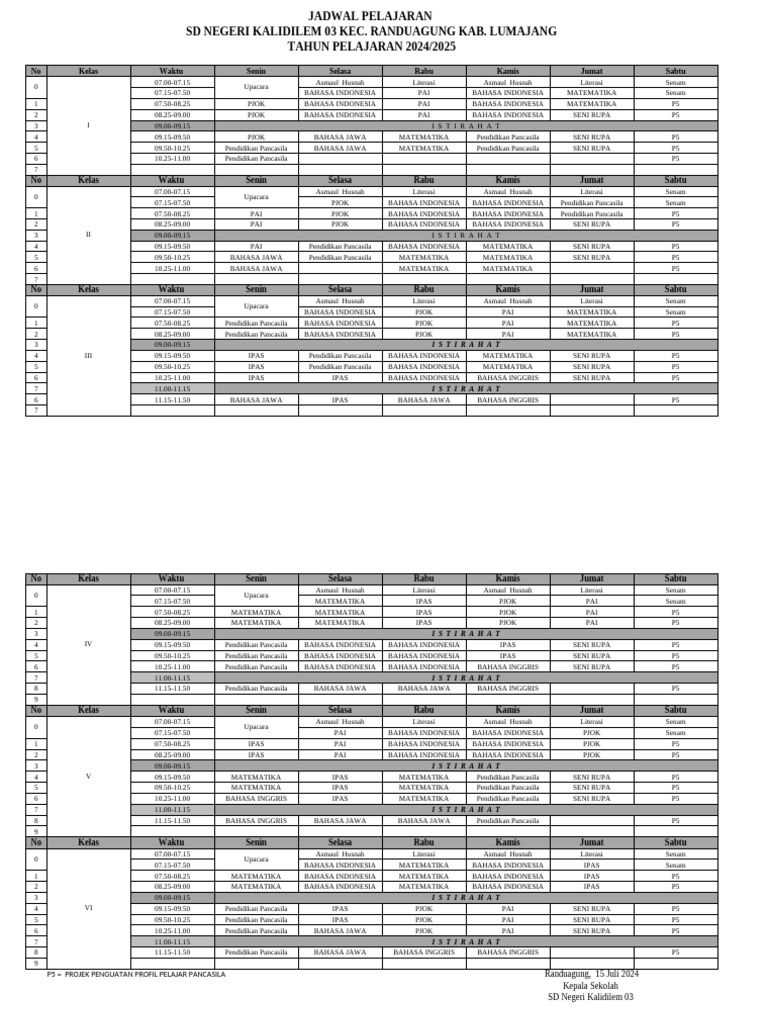 Fix Lampiran 2. Jadwal Pelajaran Kalidilem 03 TH 2024-2025 | PDF