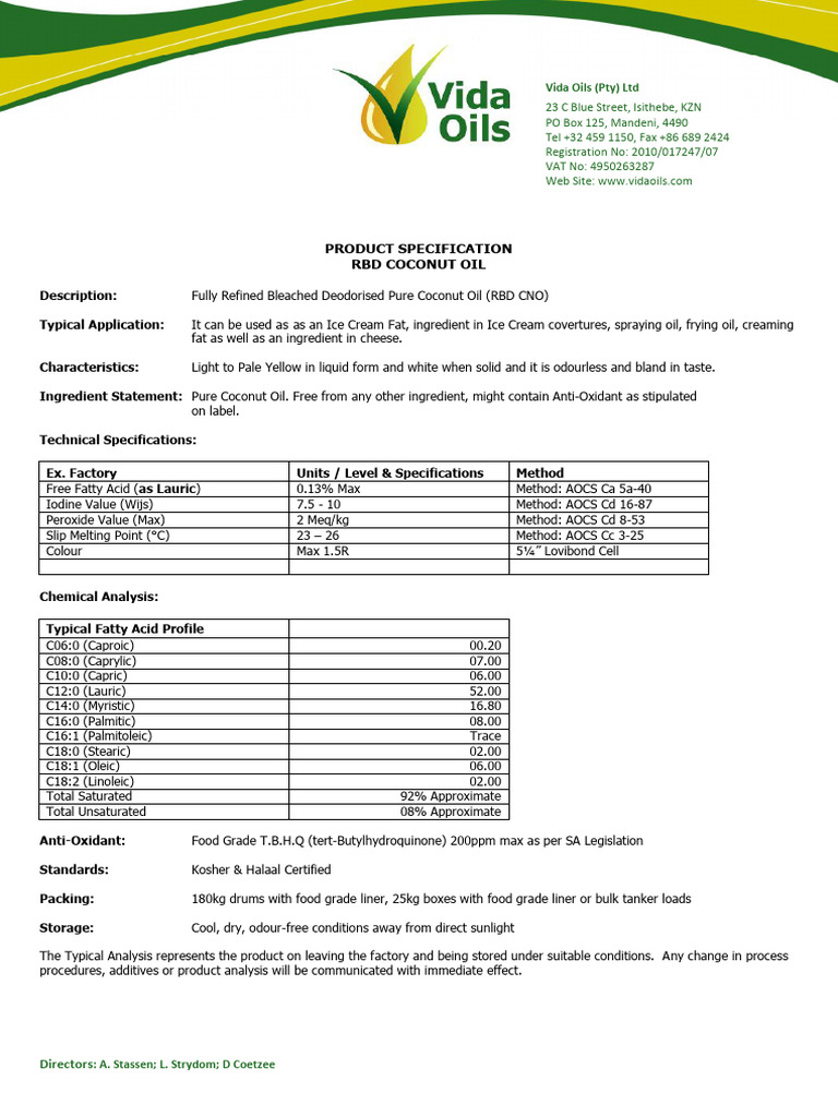 Vida Oils Product Specification RBD | PDF | Coconut Oil | Fat