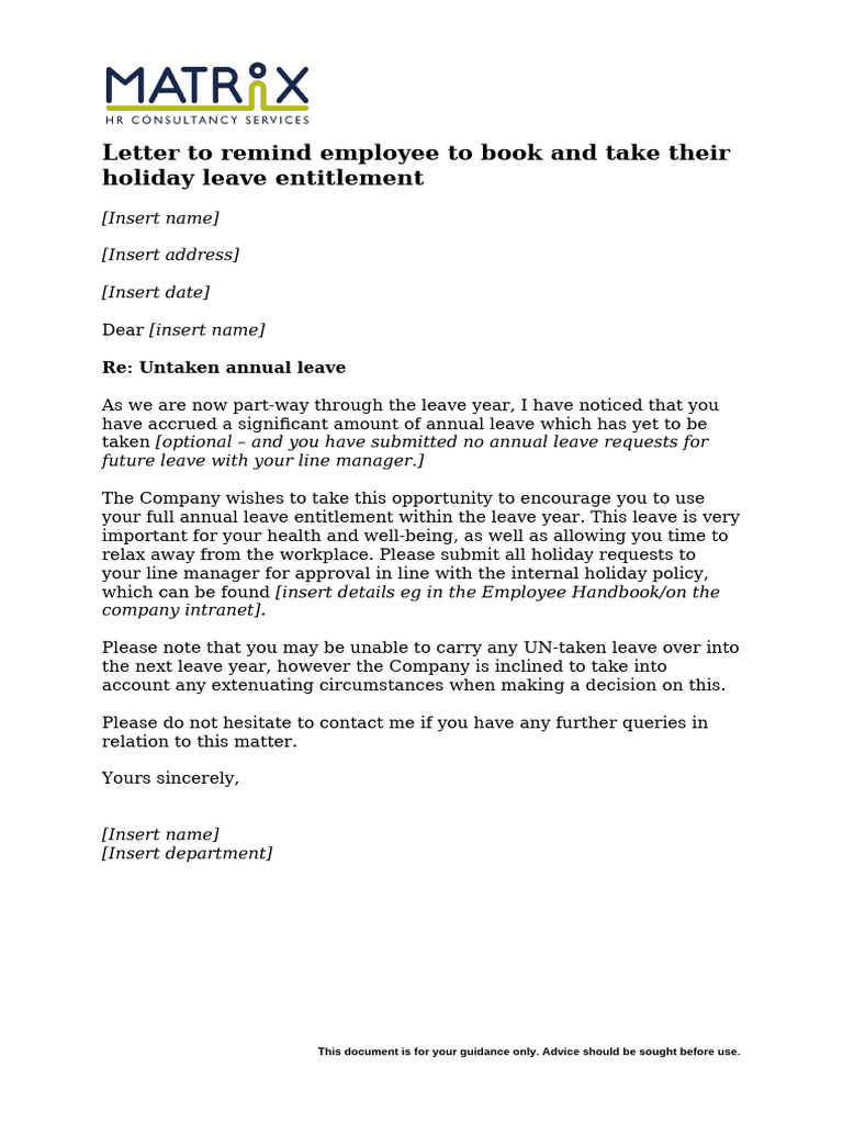 Letter To Remind Employee To Book and Take Their Holiday Leave ...