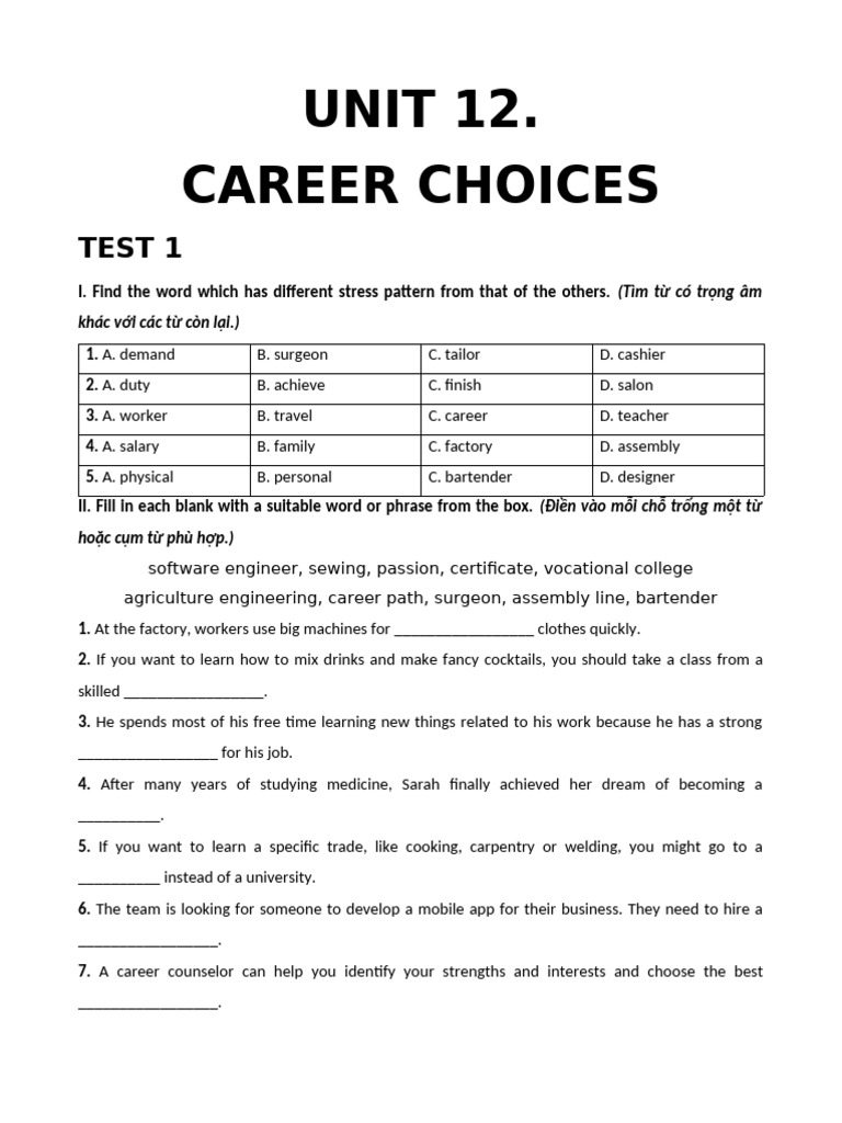 Đề Kiểm Tra UNIT 12. CAREER CHOICES | PDF