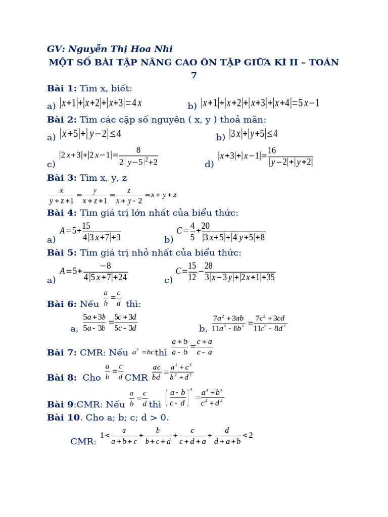BT Nâng Cao Ôn Gi A Kì Ii Toán 7 N P Nhóm Toan 7 - Hoa Nhi | PDF