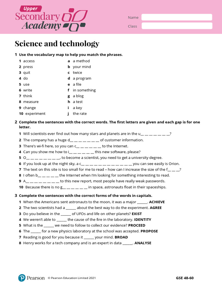 Science and Technology - Worksheet | PDF