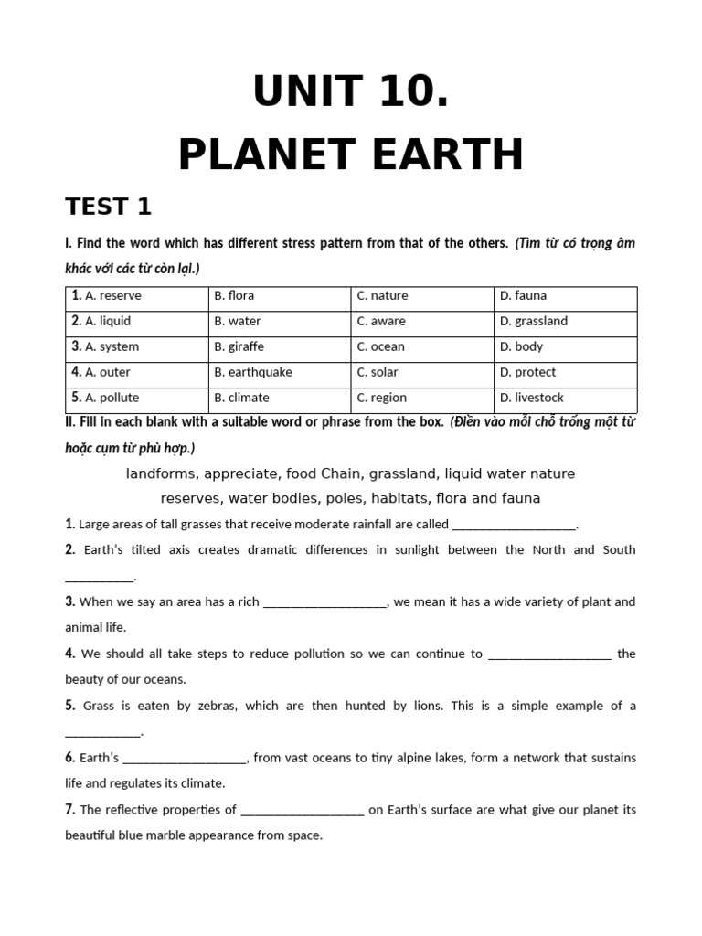 Đề Kiểm Tra UNIT 10. PLANET EARTH | PDF