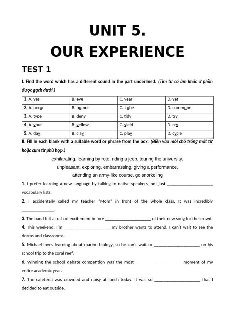Đề Kiểm Tra UNIT 5. OUR EXPERIENCES | PDF