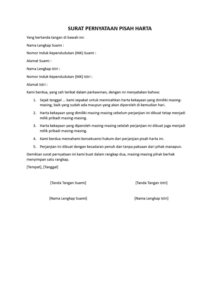 Surat Pernyataan Pisah Harta | PDF