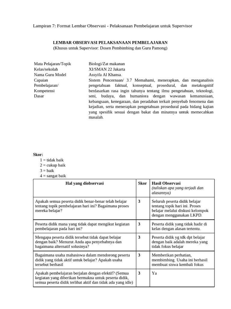 Lampiran 7 - Format Lembar Observasi Pelaksanaan Pembelajaran untuk Supervisor | PDF