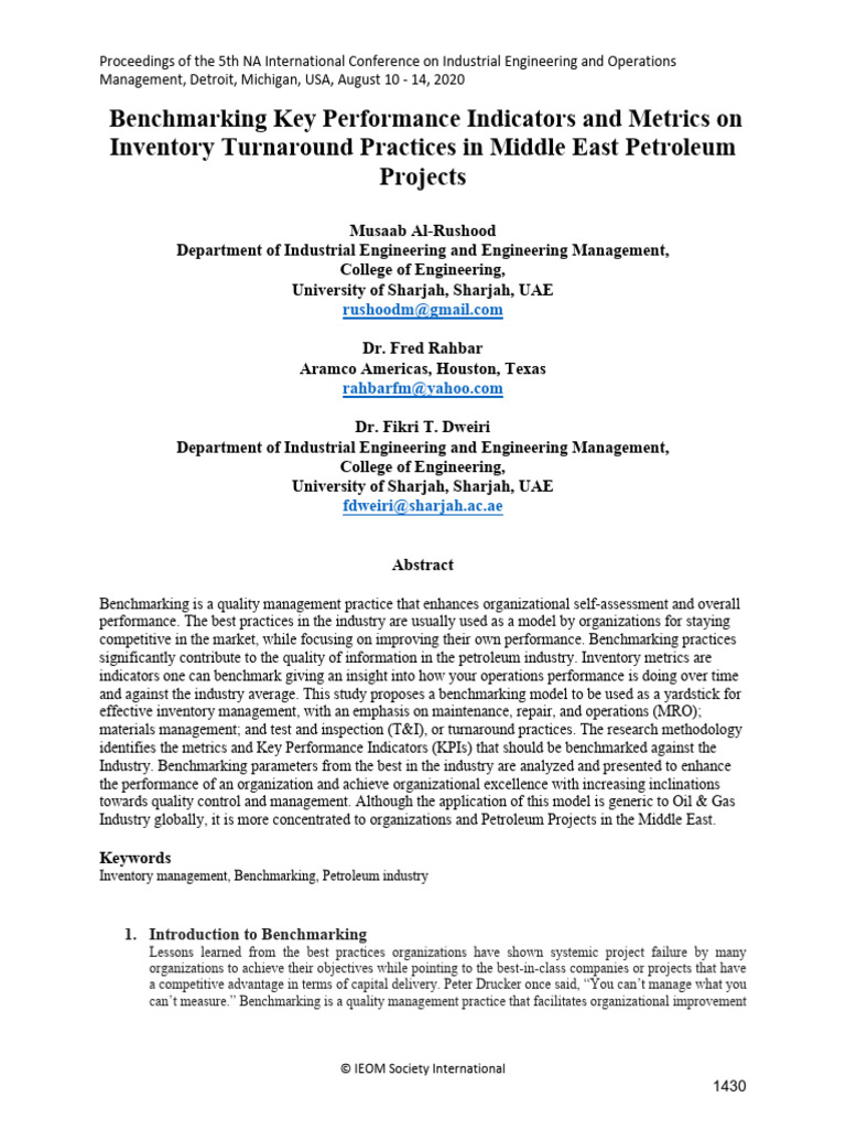 Benchmarking Key Performance Indicators and Metrics On | PDF