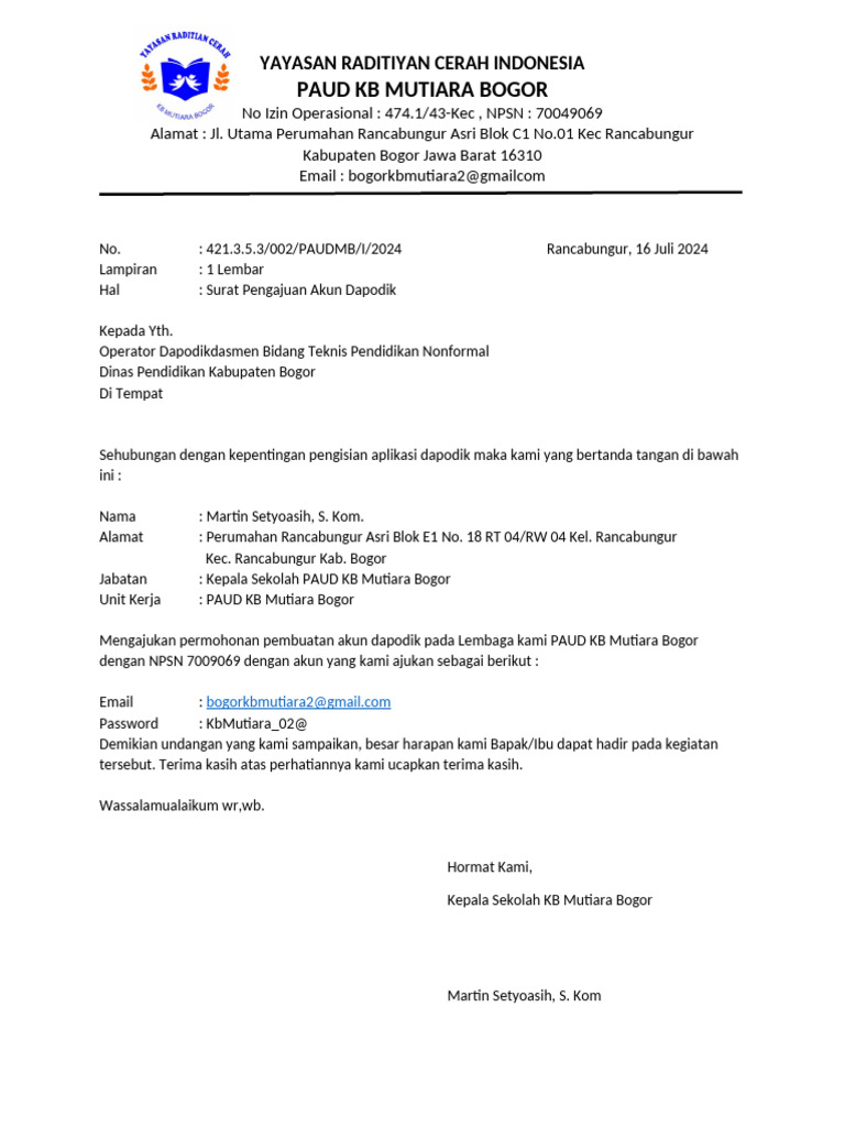 Surat Pengajuan Akun Dapodik | PDF