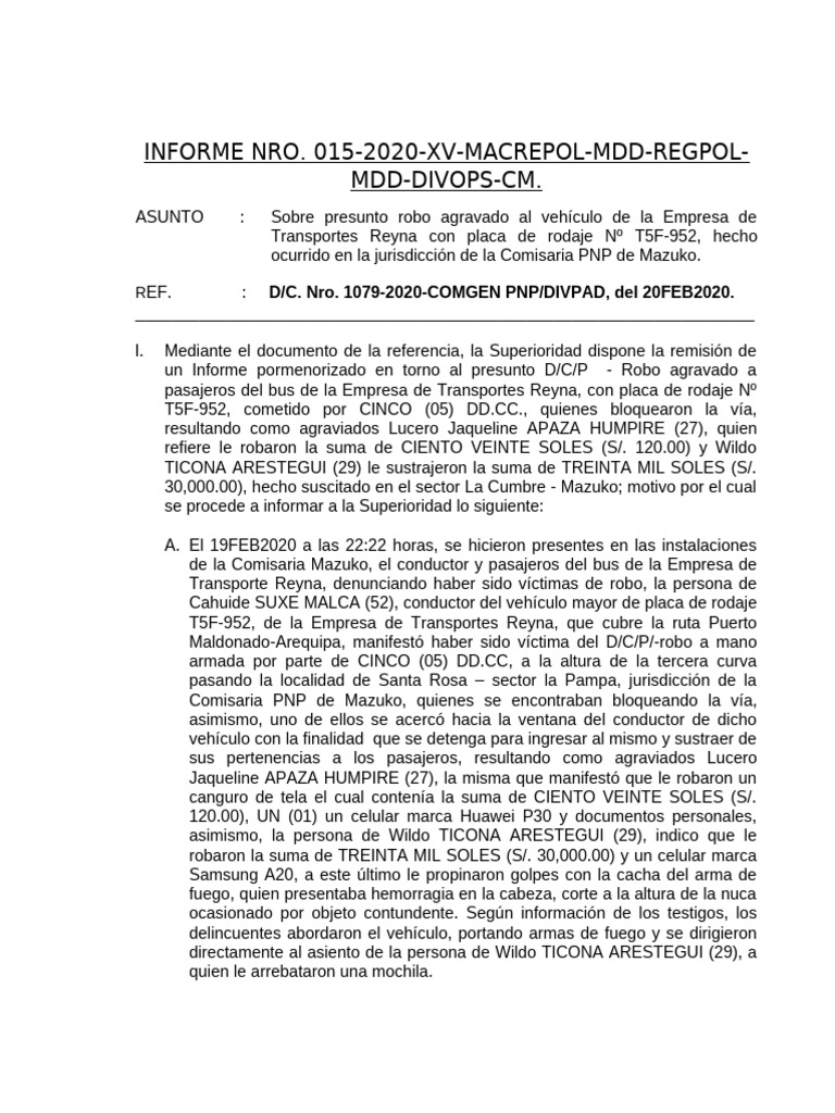 Informe Por Robo Agravado A Bus de La Empresa Reyna | PDF