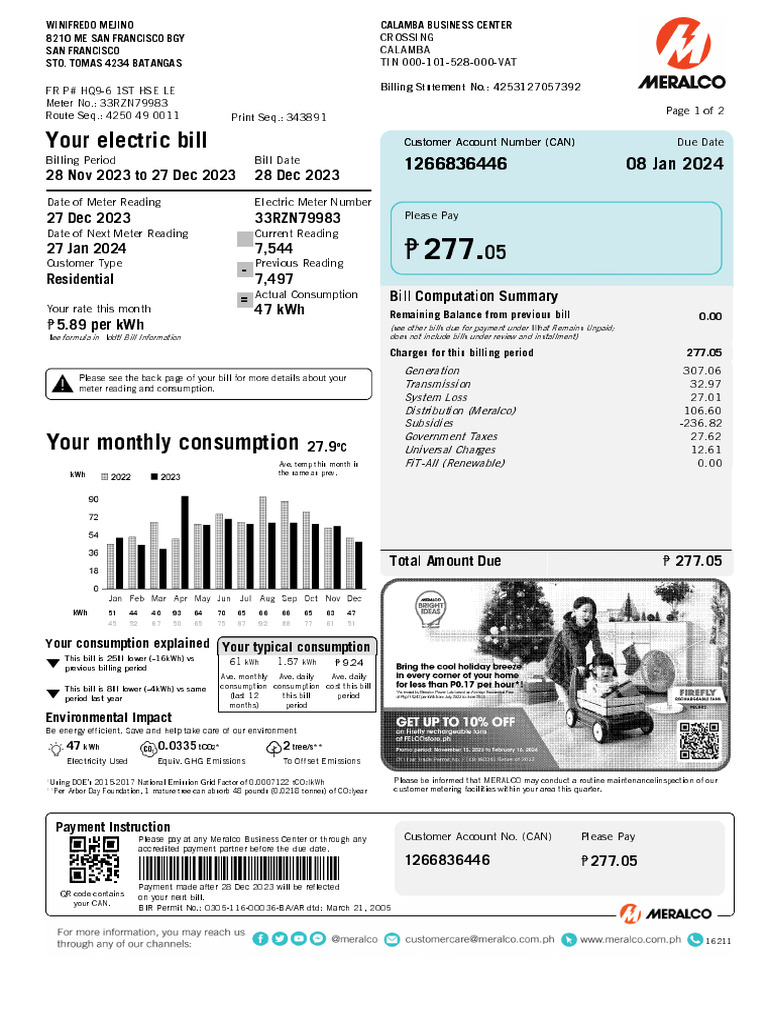 Meralco Bill 401157720101 12282023 | PDF
