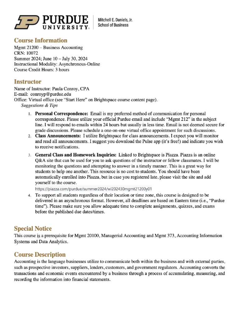 Syllabus - Summer 2024 MGMT 21200-Y01 DIS | PDF