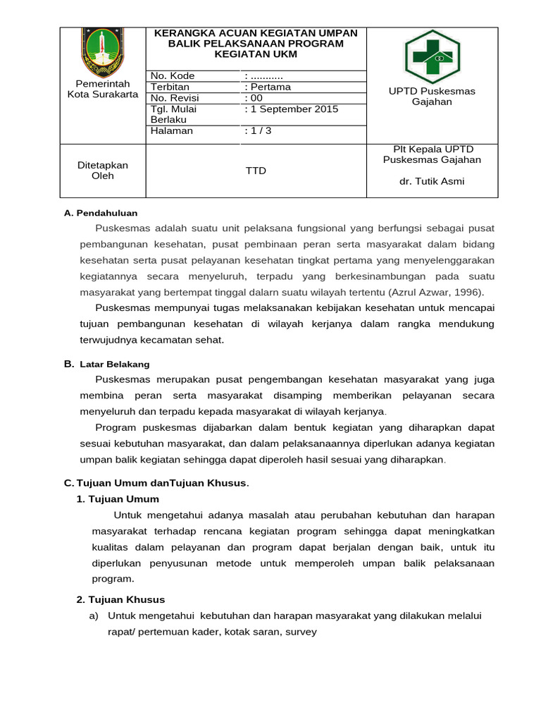 KAK Umpan Balik Pelaksanaan Program Kegiatan UKM | PDF