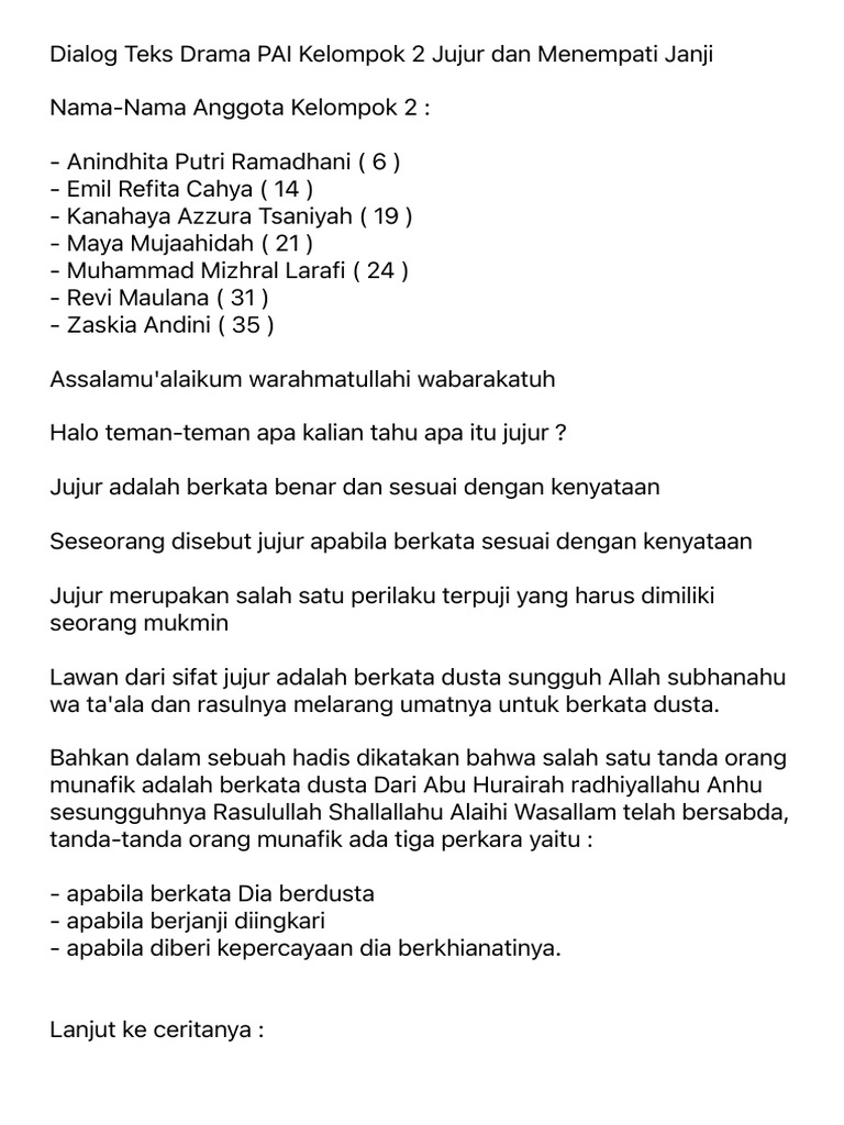 Teks Dialog Drama PAI Kejujuran Dan Menempati Janji Kelompok 2 | PDF