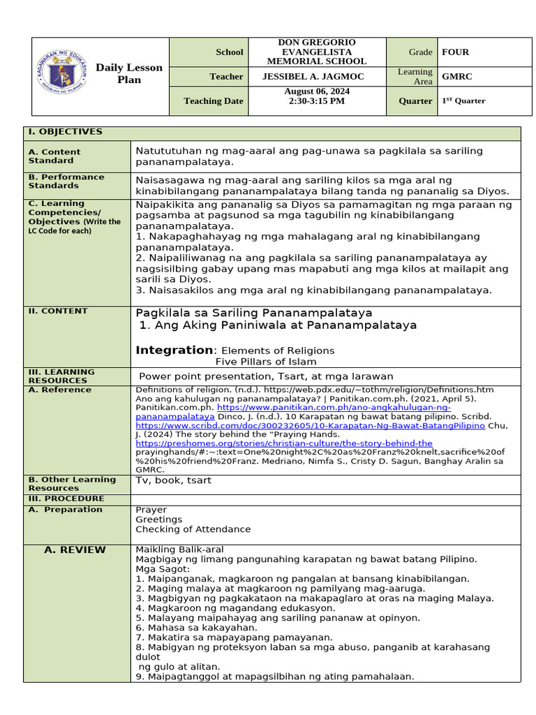 GMRC 4 Lesson Plan Week 3 | PDF