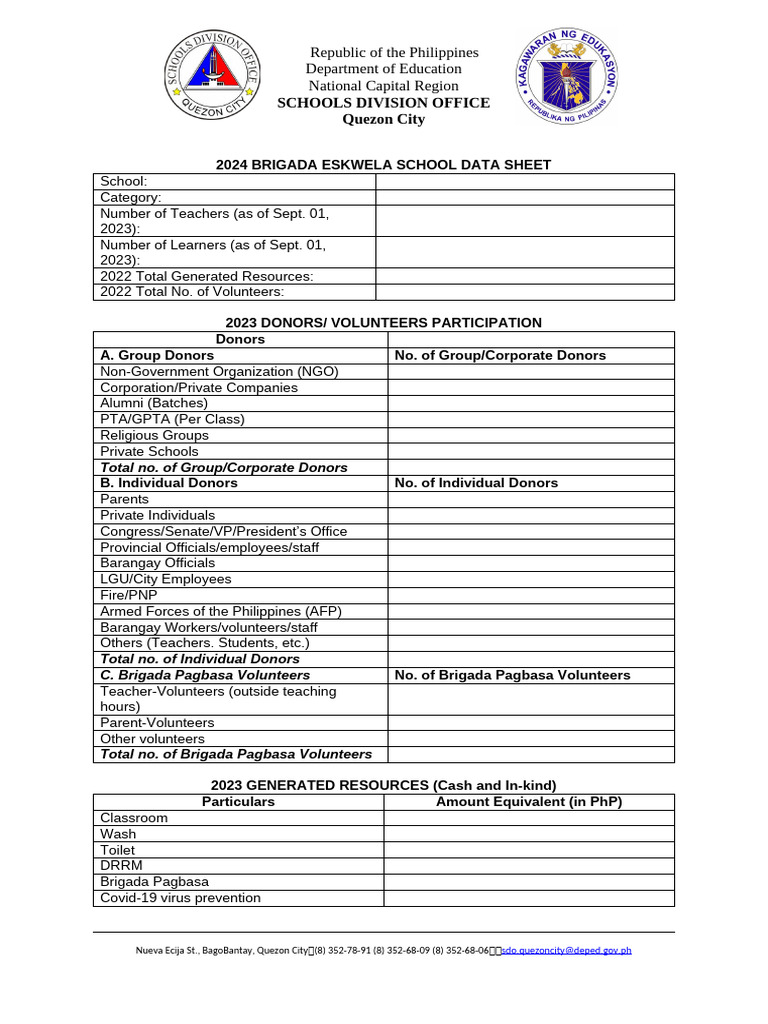 2023 Brigada Eskwela School Data Sheet - Final | PDF