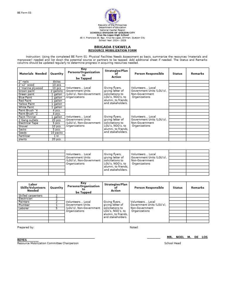 BE Form - 3 RESOURCE MOBILIZATION KRUS NA LIGAS HIGH SCHOOL | PDF