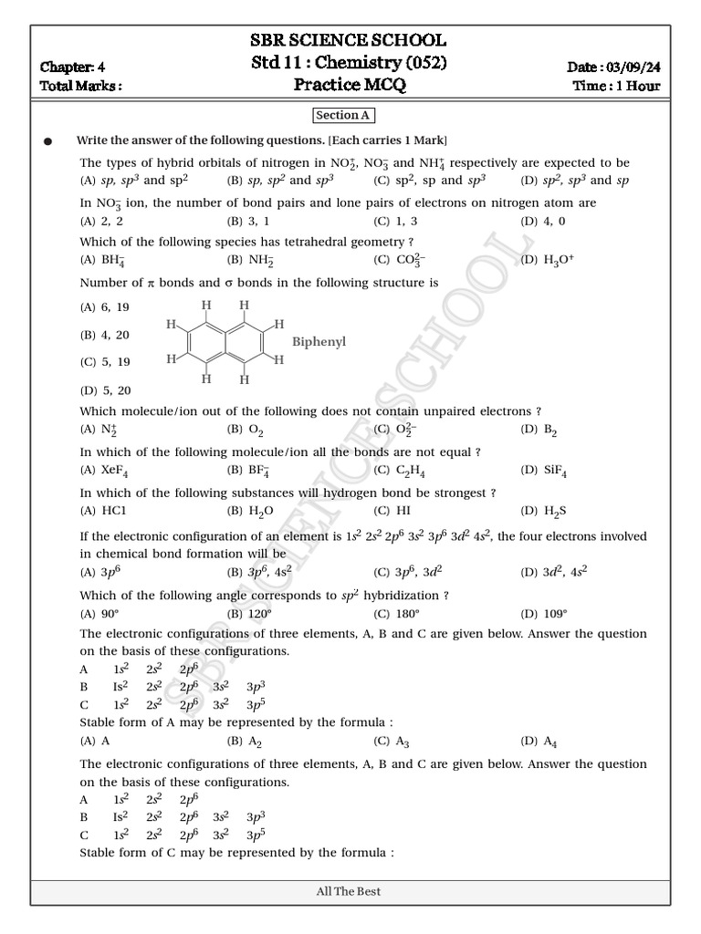 11 Chem CH 4 Practice MCQ | PDF