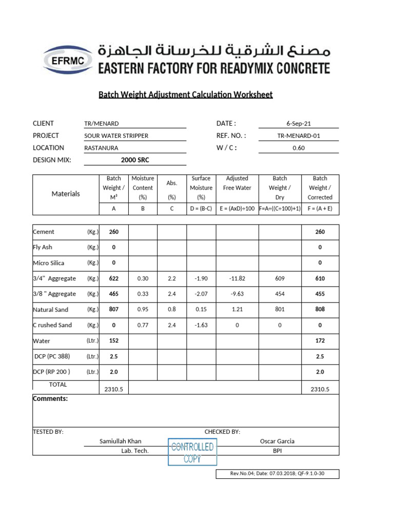 Batch Weight Adjustment RT 2021 | PDF
