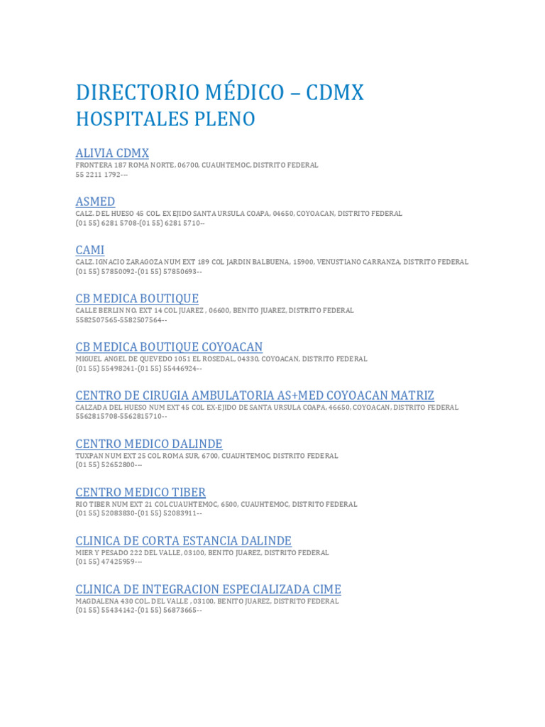 Directorio Medico - CDMX Hospitales Pleno | PDF