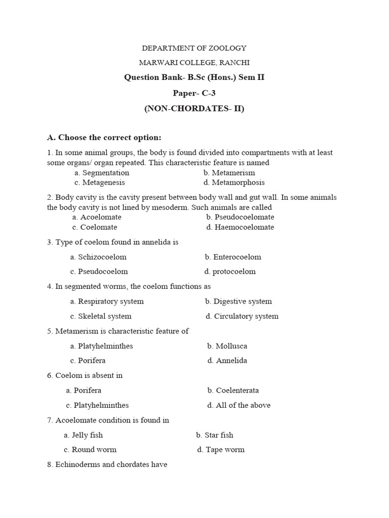 B.SC ZOOLOGY Question Bank Sem 2 (CC 3) | PDF