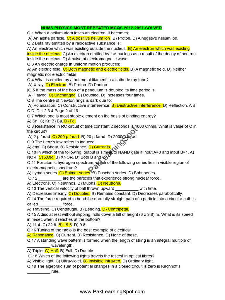 NUMS Physics MCQs 2012-2021 Solved | PDF | Radioactive Decay | Gamma Ray