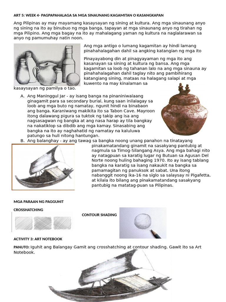 ARTS 5) WEEK 4-Mga Sinaunang Kagamitan o Kasangkapan | PDF