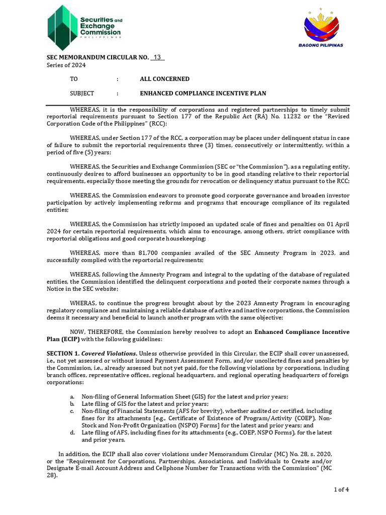 2024MC - SEC MC No 13 S of 2024 Enhanced Compliance Incentive Plan | PDF
